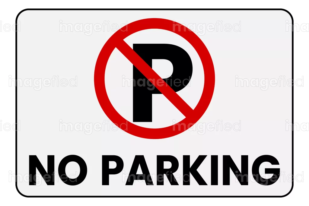 No parking sign decal stickers, bold black text on grey background, red ...