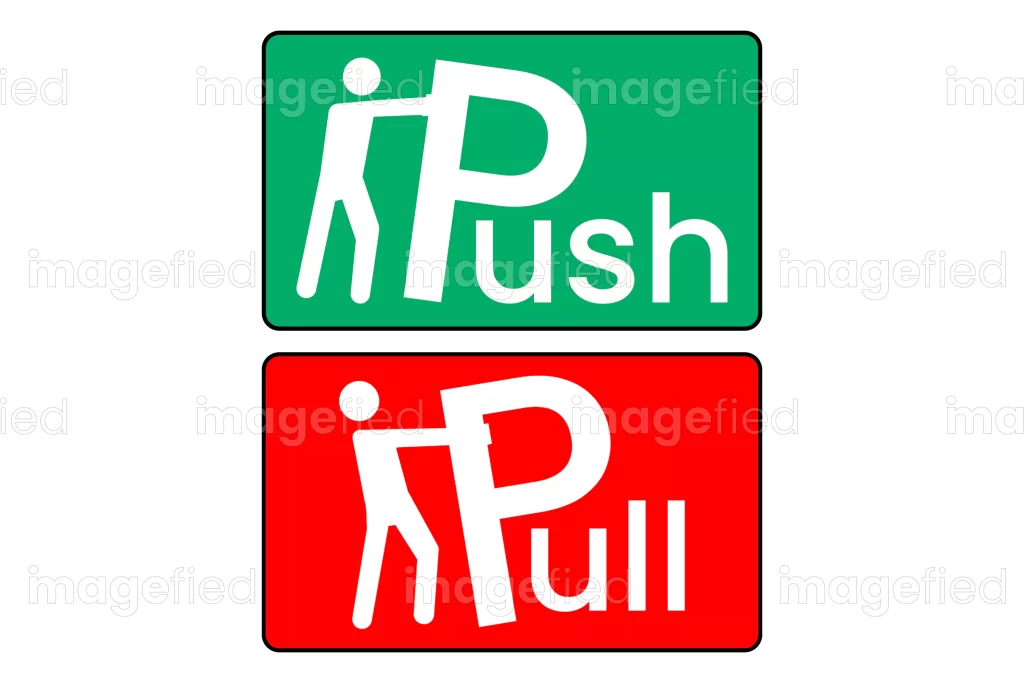 Push pull signs, door opening labels signages, creative illustration ...